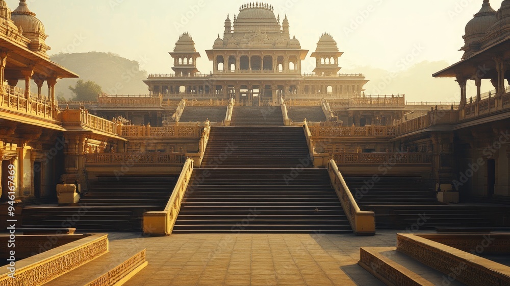 Empty Indian Temple Steps: The long, wide steps leading up to a grand ...
