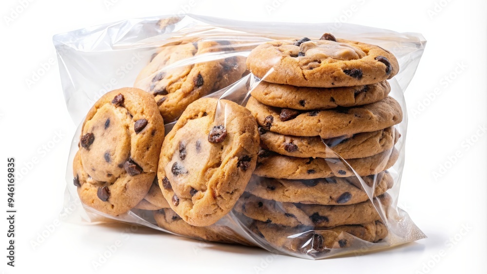 Chocolate chip cookies in clear plastic bag packaging with blank space ...