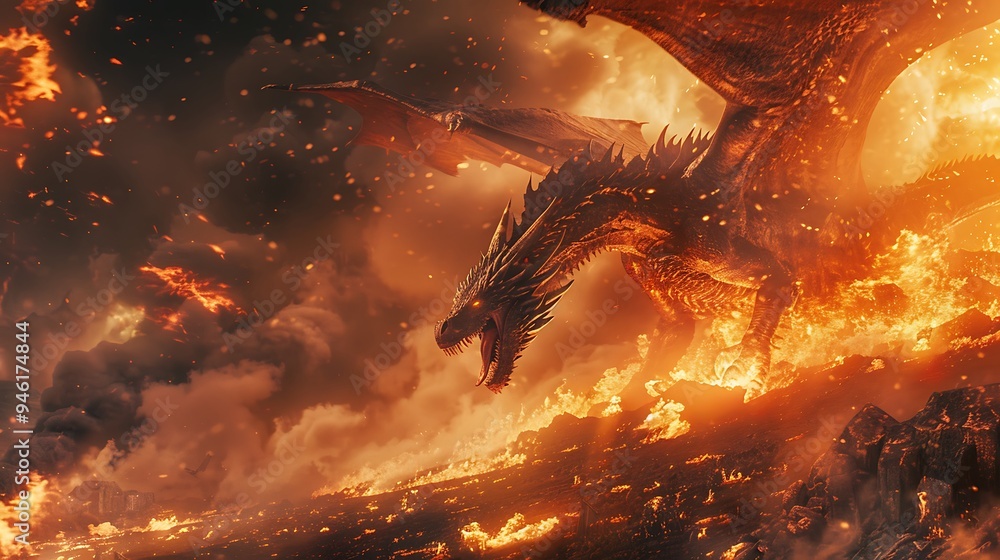 Infernal dragon breathing fire over a burning landscape, with ash ...