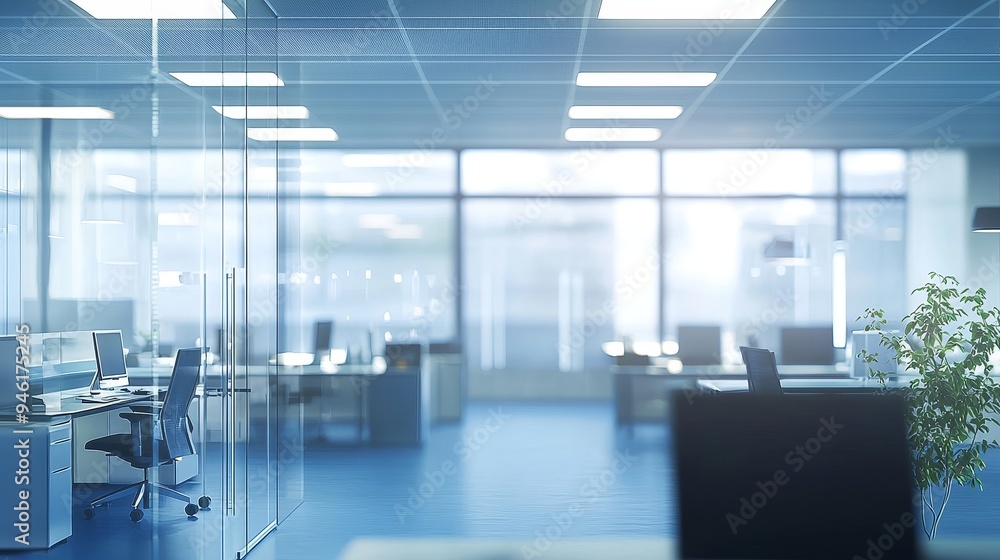 ภาพประกอบสต็อก This modern office has a long office corridor with a ...