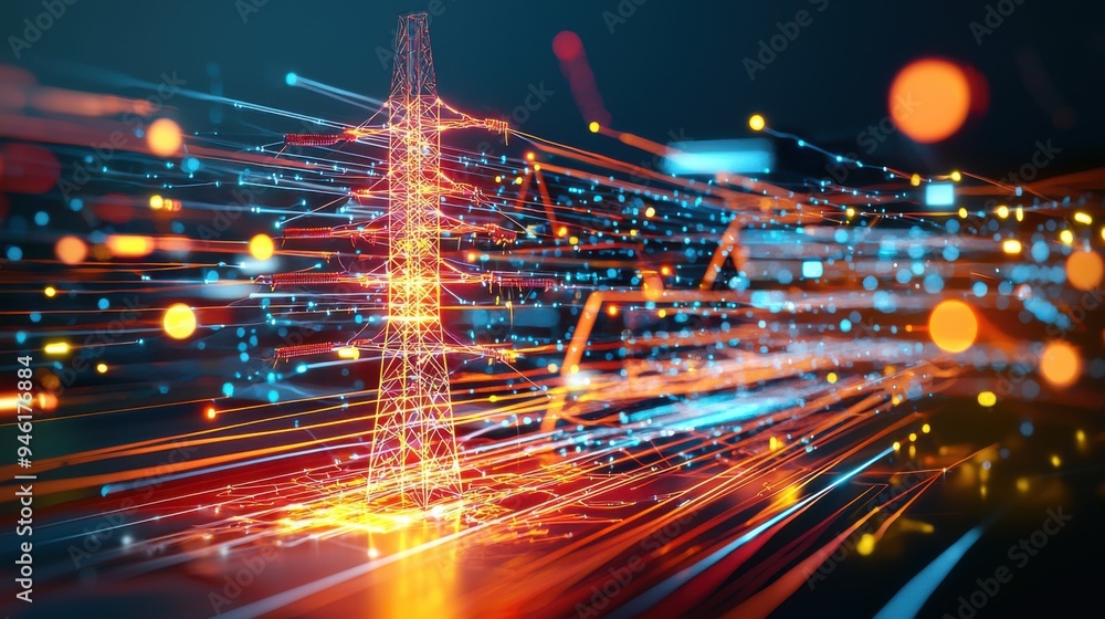 A futuristic digital artwork featuring a central high-voltage ...