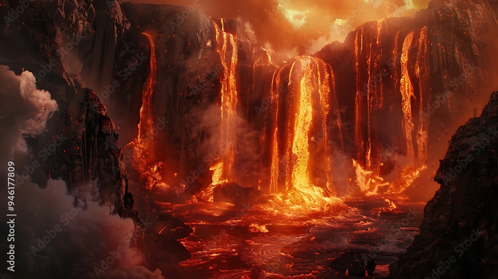 Lava waterfall cascading down into a bottomless abyss, with steam ...