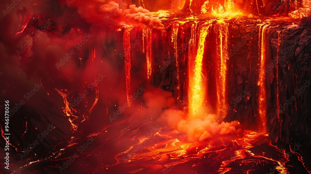 Lava waterfall cascading down into a bottomless abyss, with steam ...