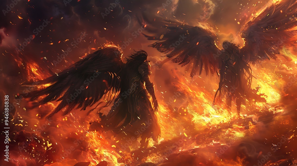 Fallen angels with tattered wings and dark auras, standing amidst the ...