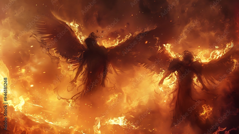 Fallen angels with tattered wings and dark auras, standing amidst the ...
