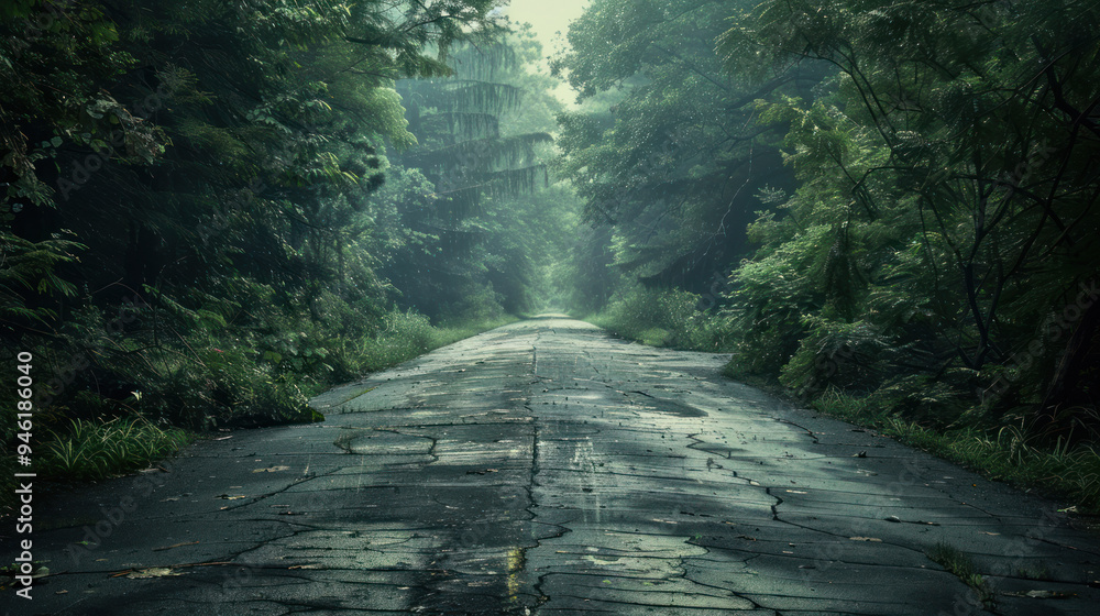 A cracked, overgrown road leading into a dense, dark forest, with the ...