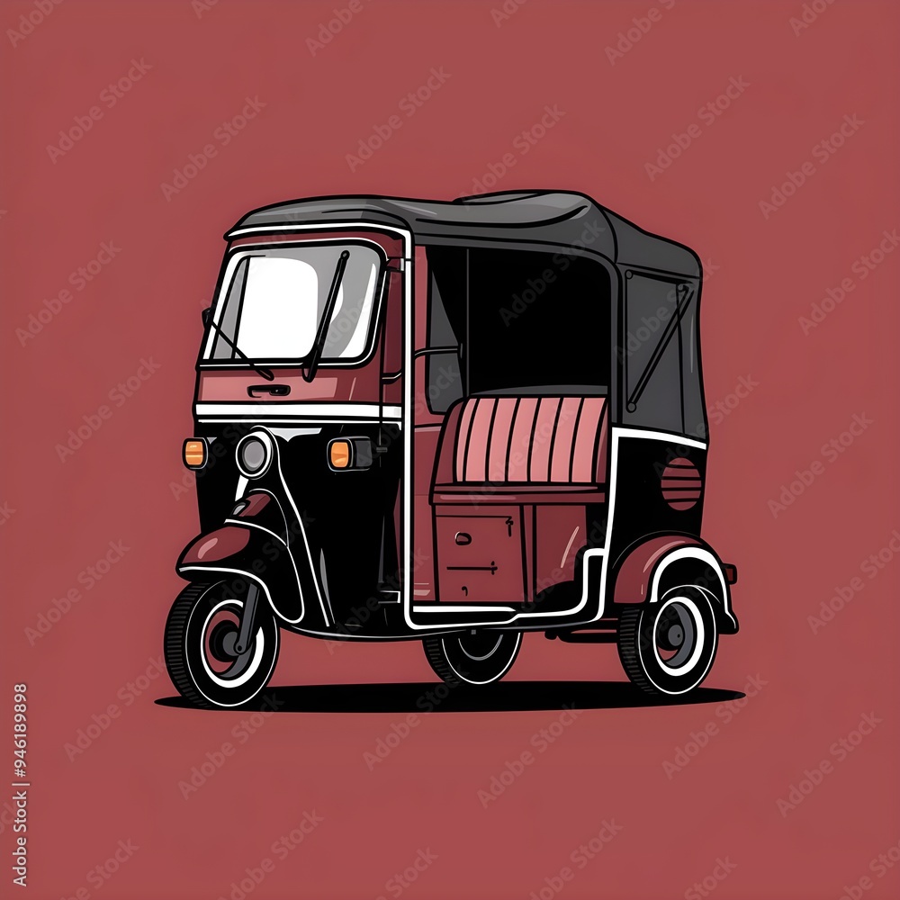 A minimalistic 2D illustration portraying a rickshaw in a static color ...