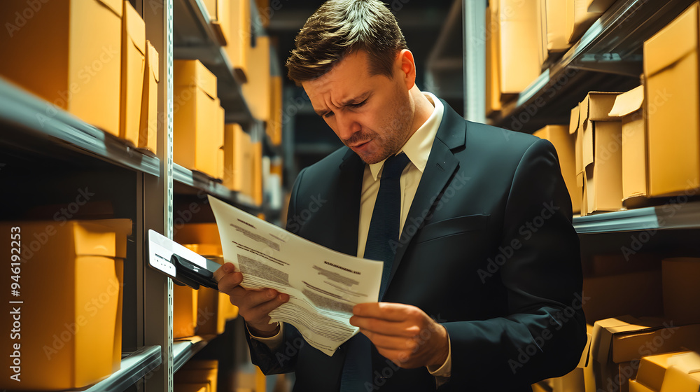 Distressed manager holding product recall notice amidst empty shelves ...