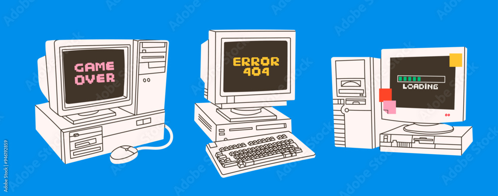 Retro vintage Computers set. Old PC with monitor, keyboard. Old style ...