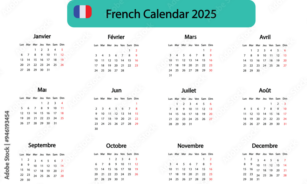 French calendar for 2025, new calendar 2025 of france Stock Vector ...