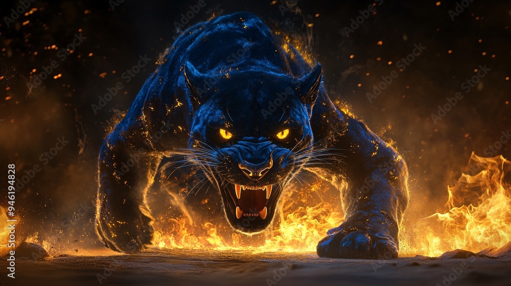 Angry black jaguar with open mouth and fiery mane, Glowing yellow eyes ...