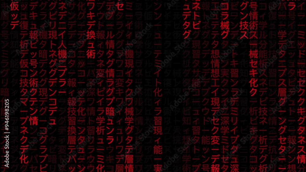 Japanese Characters. Hacker attack. Red code on black background. Moving digits on screen ...