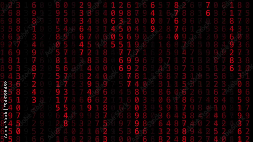 Numeric characters. Hacker attack. Red code on black background. Moving digits on screen ...