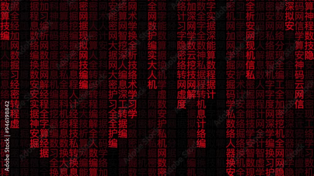 Chinese character. Hacker attack. Red code on black background. Moving digits on screen. Concept ...