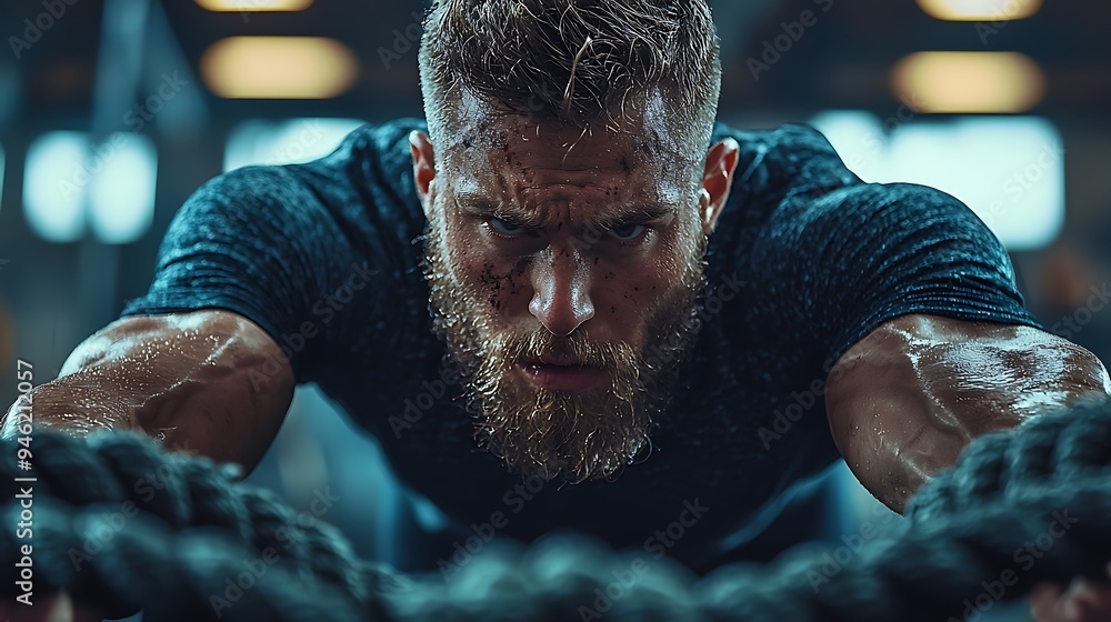 An athlete exerts strength, pulling a rope in the gym with focus and ...
