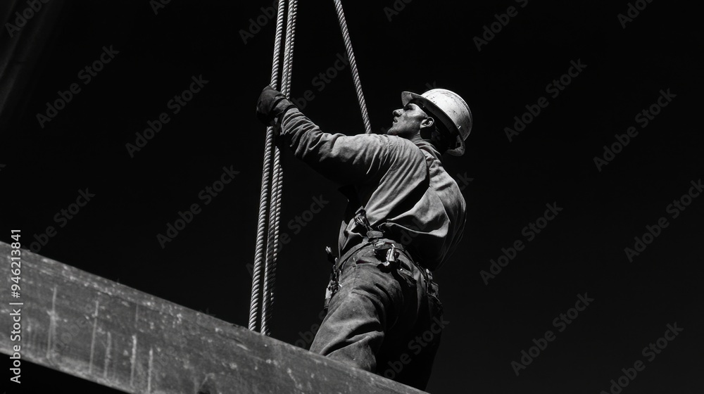 Grim determination of a construction worker lifting heavy steel beams ...