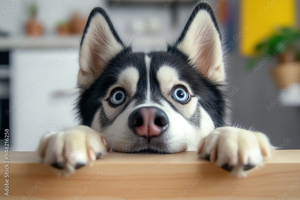 Funny Siberian Husky making a mischievous face, captured in a photo where the dog looks like itâ ...