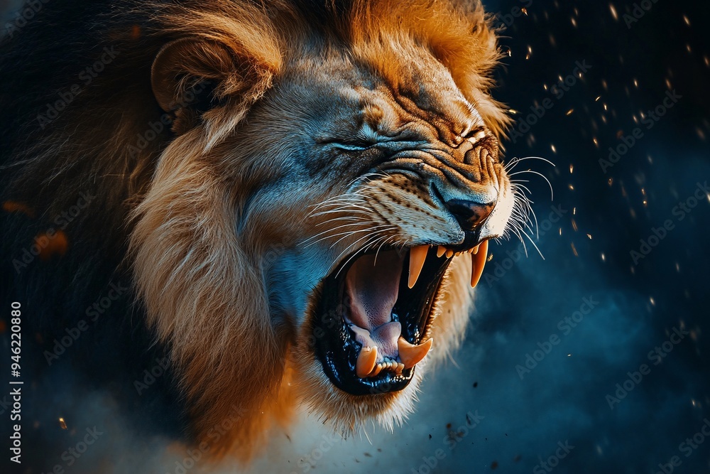 An angry lion with an open mouth. expression of anger. Portrait of a ...