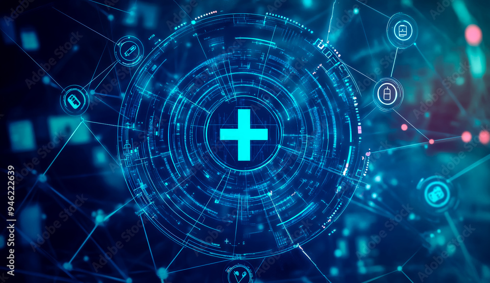 Abstract futuristic medical tech with a digital first aid cross icon ...