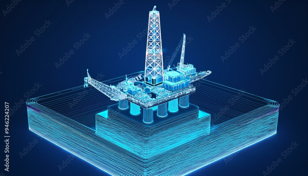 Hologram of an oil rig on a blue background, oil platform isometric ...