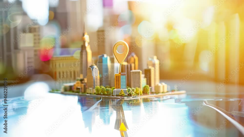 A detailed model of a city is elegantly positioned atop a map, with a ...