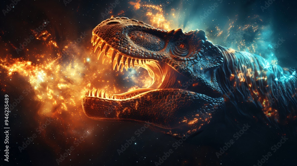 Roaring t rex with a fiery space nebula in its mouth, perfect for a ...