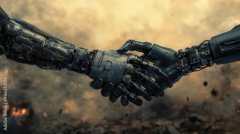 A handshake between two robotic arms over a battlefield, symbolizing ...