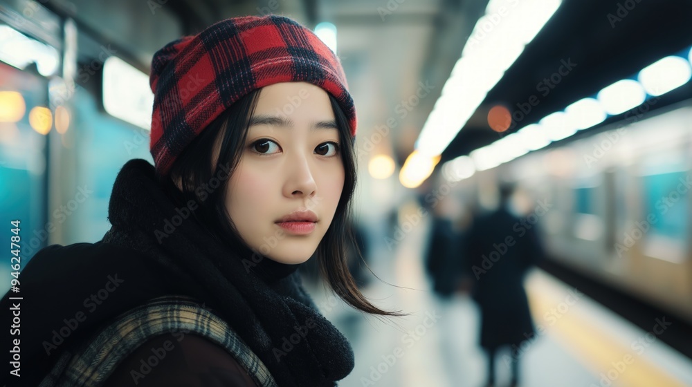 A young Asian woman gazes thoughtfully while waiting for her train at a ...