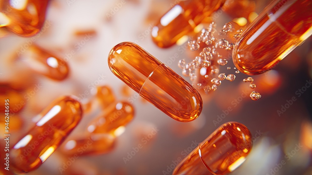 Realistic depiction of medicine capsules dispersing and absorbing ...