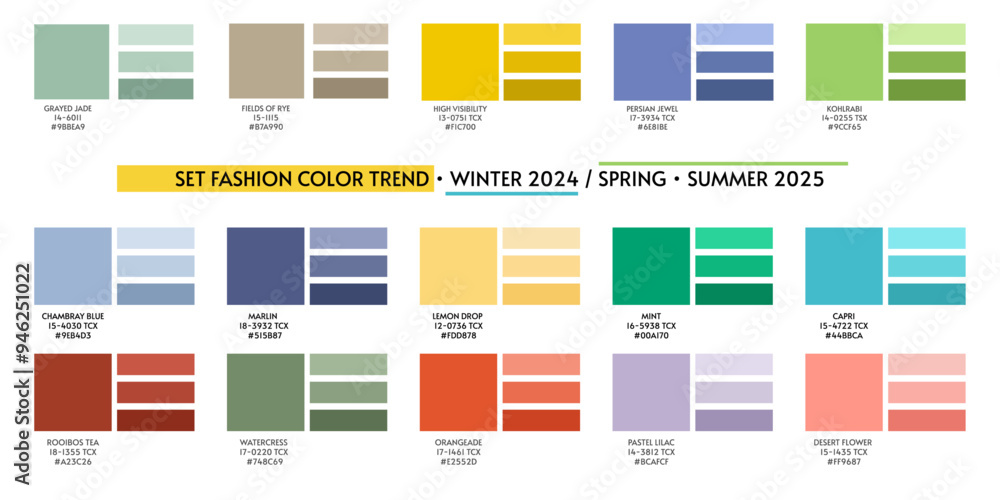 New Fresh Fashion color trend Winter 2024 Spring 2025. Color palette ...