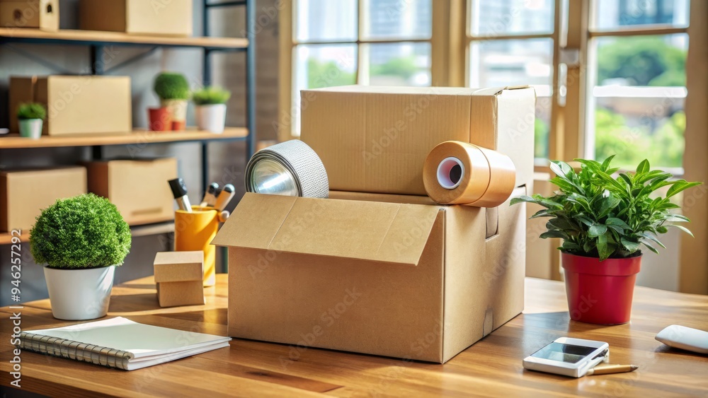 A cardboard box filled with carefully packed items, tape dispenser, and ...
