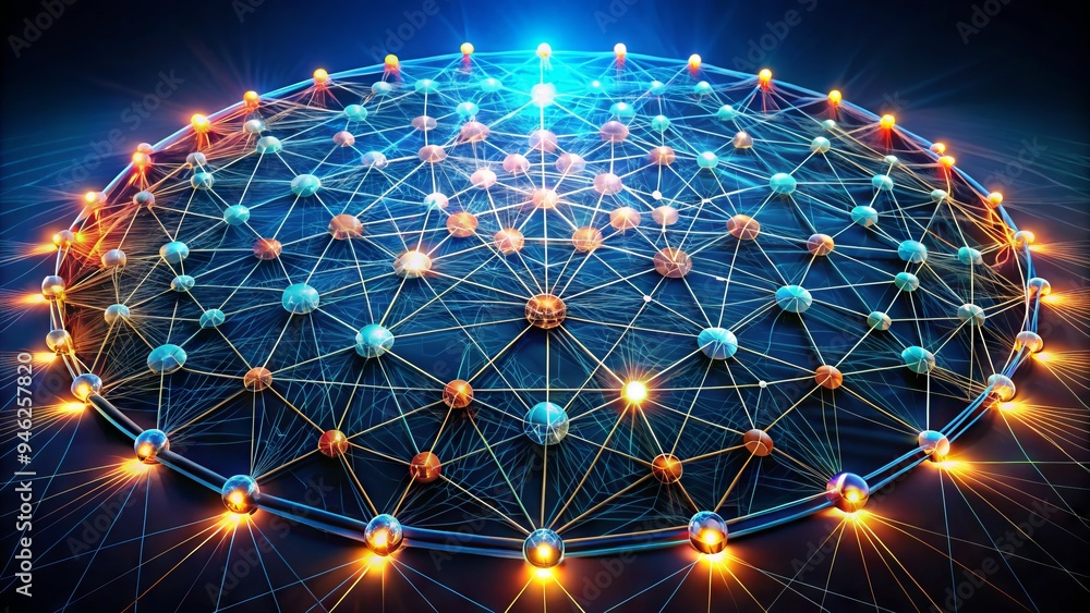 A circular formation of interconnected nodes and lines converging ...