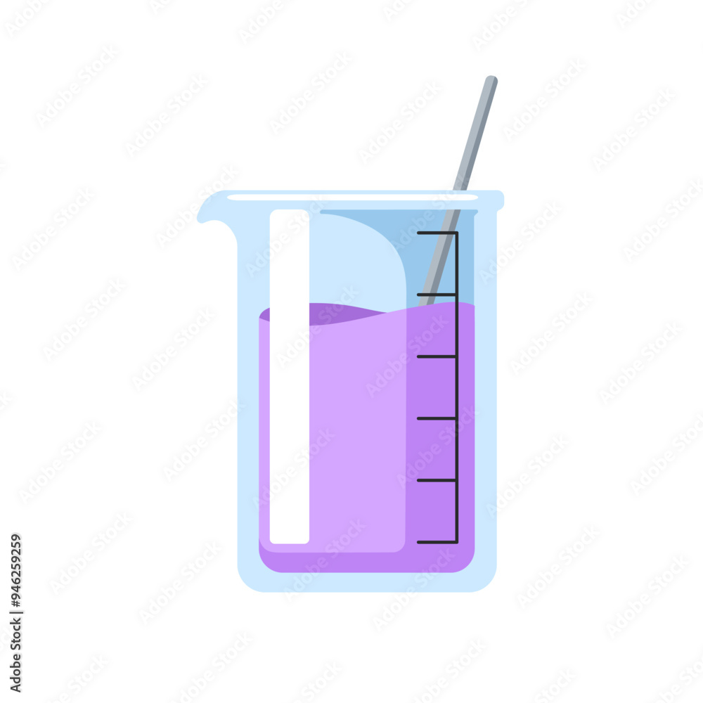 Beaker, laboratory glassware. Measurement container with metal sirring ...