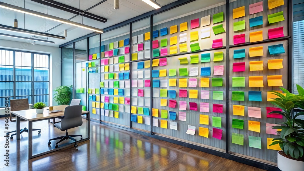 A colorful sticky note wall with organized charts, diagrams, and Kanban ...