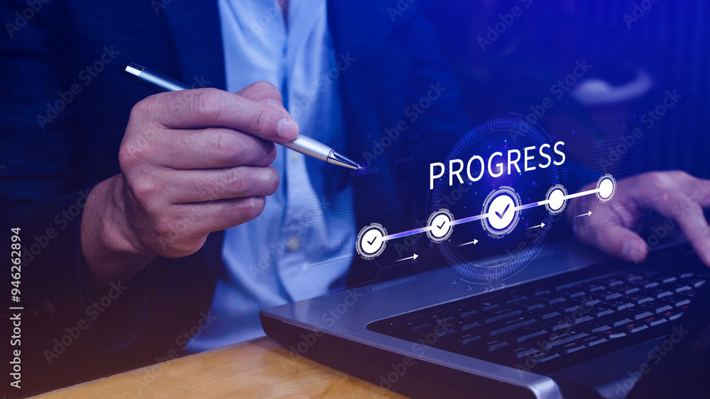 Progress concept, touching to tick correct mark in checklist with ...