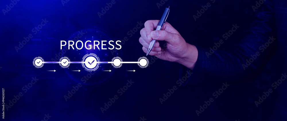 Progress concept, touching to tick correct mark in checklist with ...