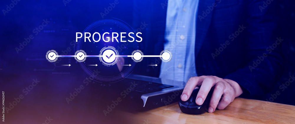 Progress concept, touching to tick correct mark in checklist with ...