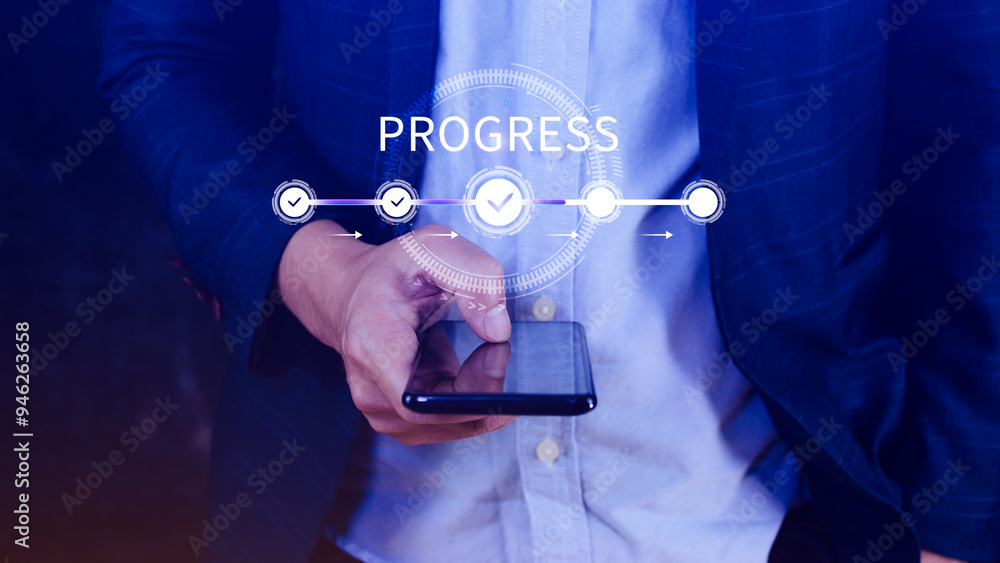 Progress concept, touching to tick correct mark in checklist with progressive loading status ...