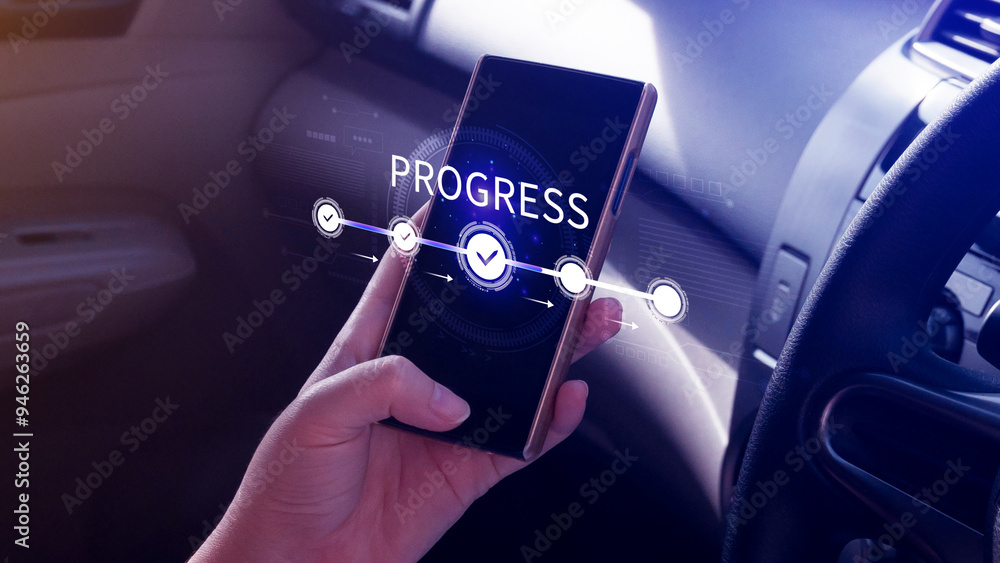 Progress concept, touching to tick correct mark in checklist with ...