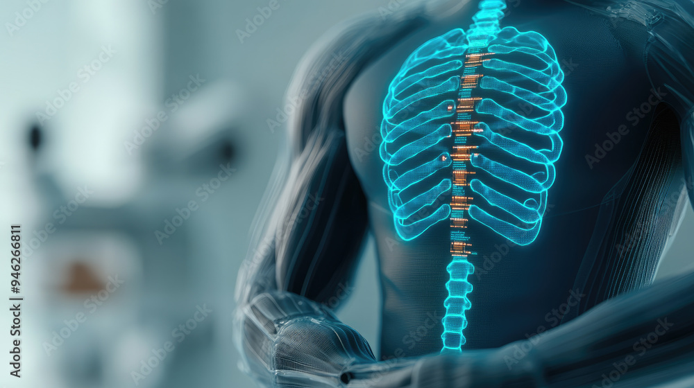 Digital representation of a human torso, showcasing a glowing skeletal ...