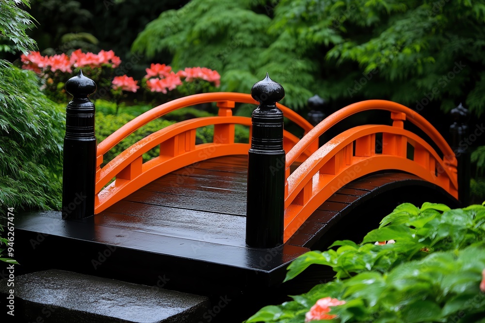 Japanese vermillion bridge in a traditional garden, captured in a photo ...