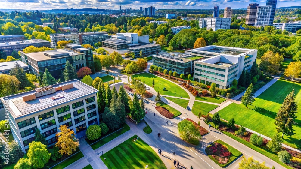 Aerial view of a bustling campus with modern buildings, lush greenery ...