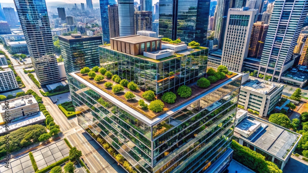 Aerial view of a modern high-rise building with sleek glass facade and ...