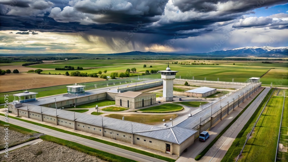Aerial view of a maximum-security prison complex with Watchtowers ...