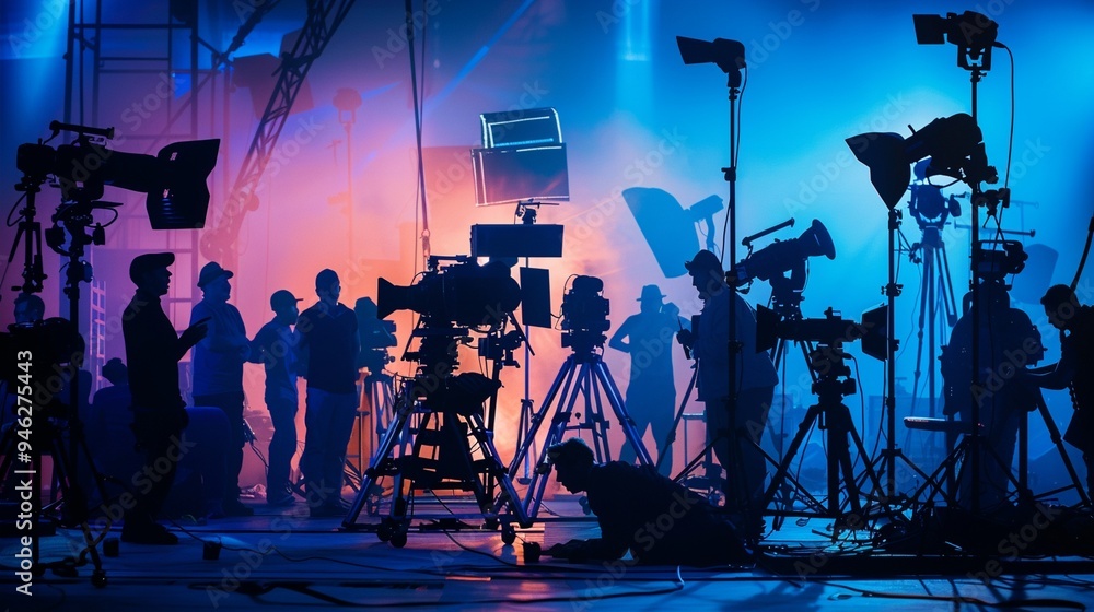 Silhouettes of film crew and equipment on colorful set: dramatic blue ...