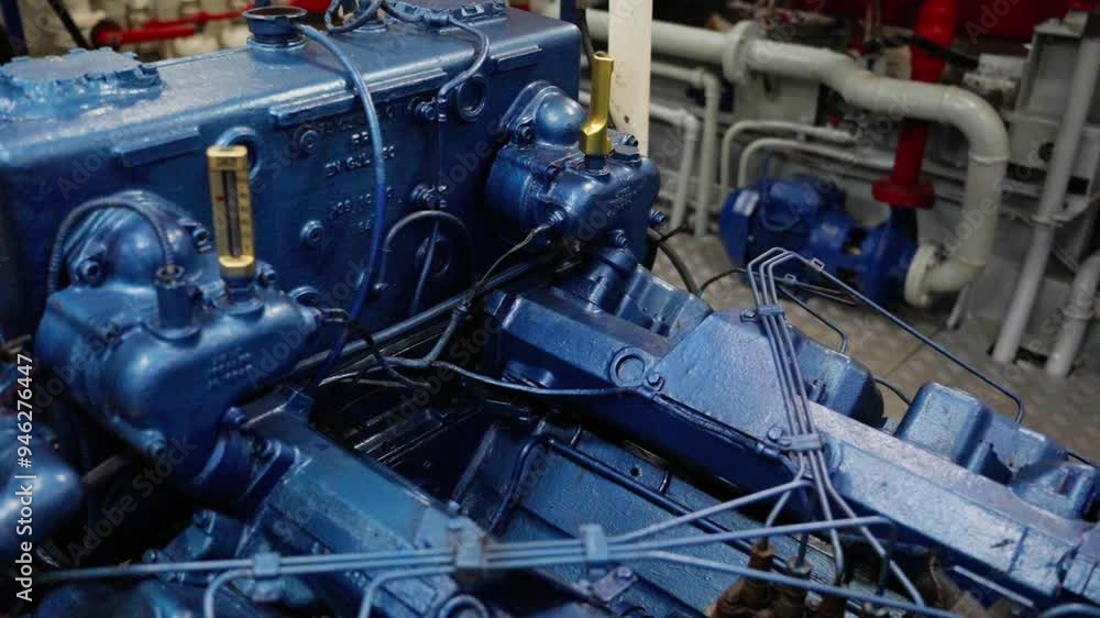 Engine of boat.The engine room of a boat with valves, vents, exhaust ...