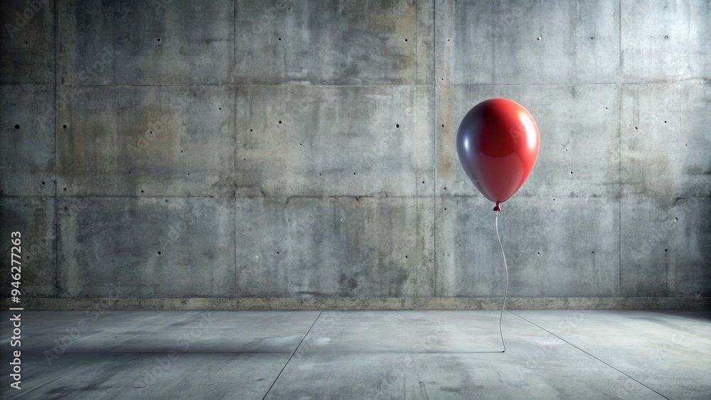 A lone, limp balloon lies abandoned on a desolate, gray concrete floor ...