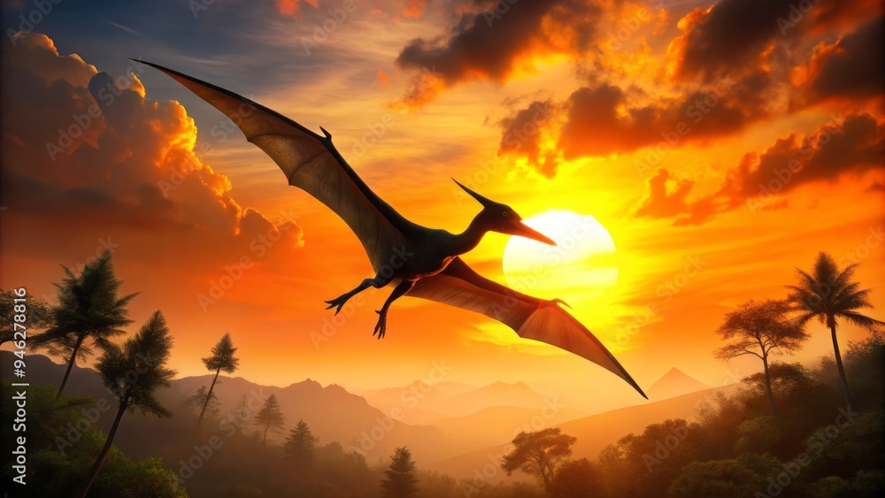 A majestic pteranodon's dark silhouette soars across a vibrant orange ...
