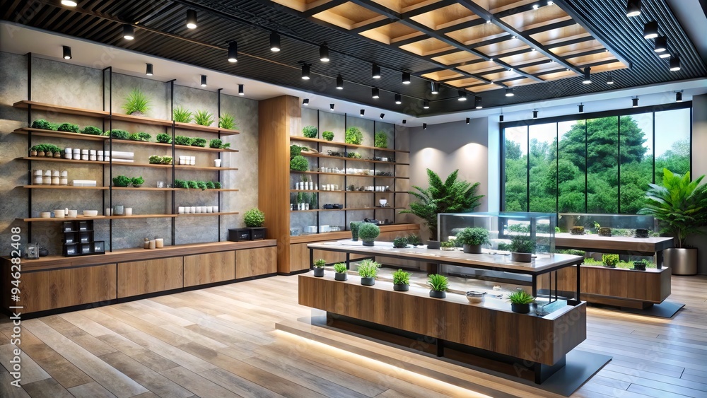 A modern, well-lit cannabis dispensary with a vast selection of ...