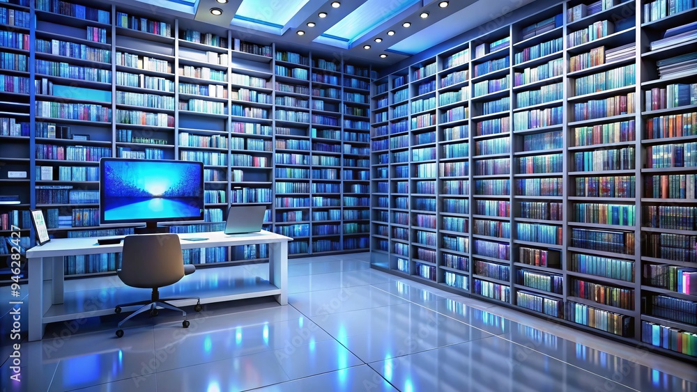 A modern, well-organized video library features neatly shelved DVDs and ...